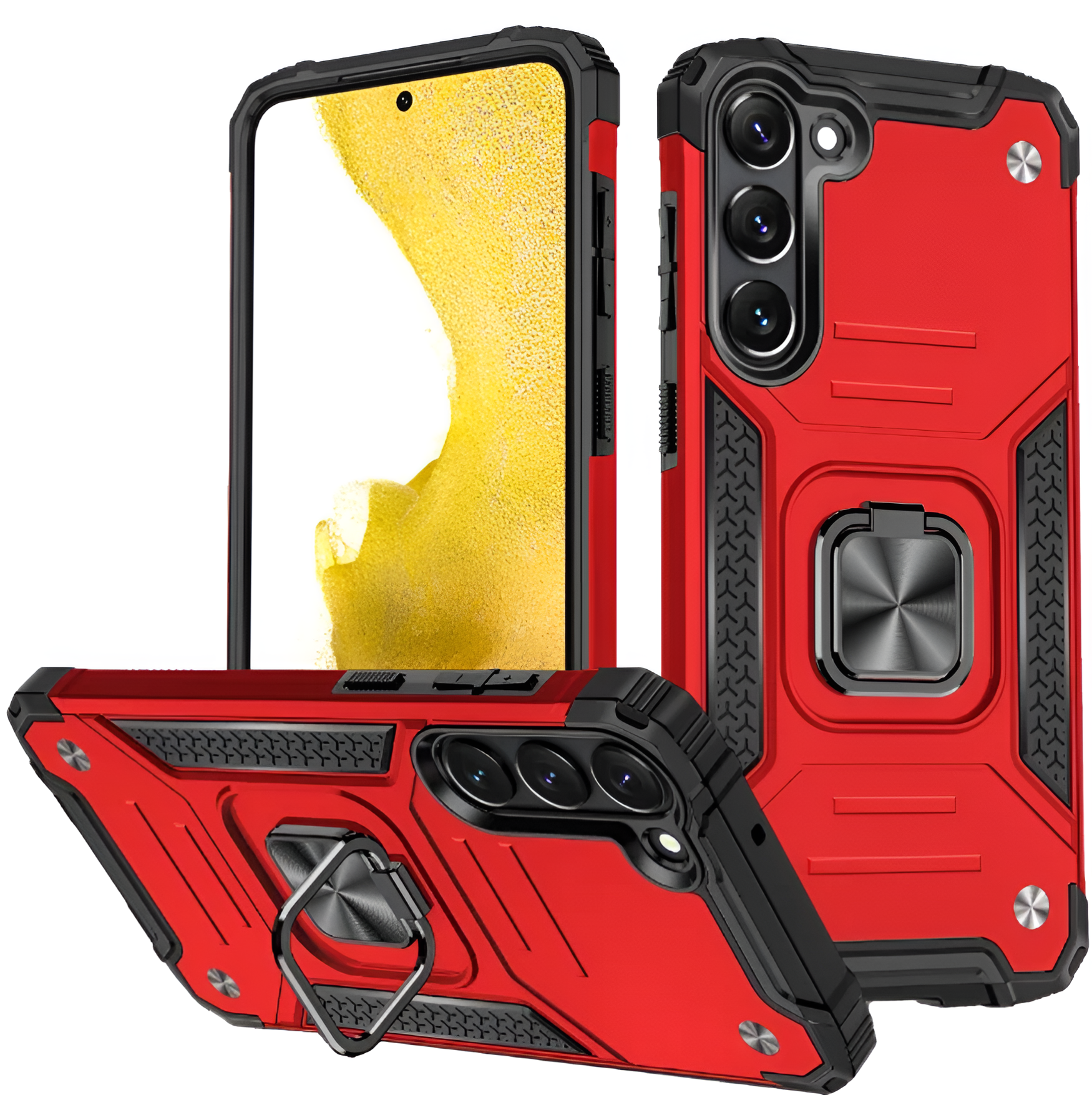 Противоударный чехол для Samsung Galaxy A34 красный с пластиной для магнитного автодержателя и кольцом подставкой