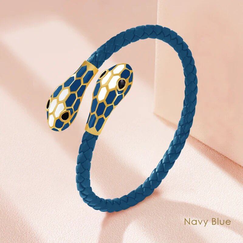 MOONLIGHT кожаные браслеты-манжеты двойная голова змеи Синий, Navy blue, 17 см