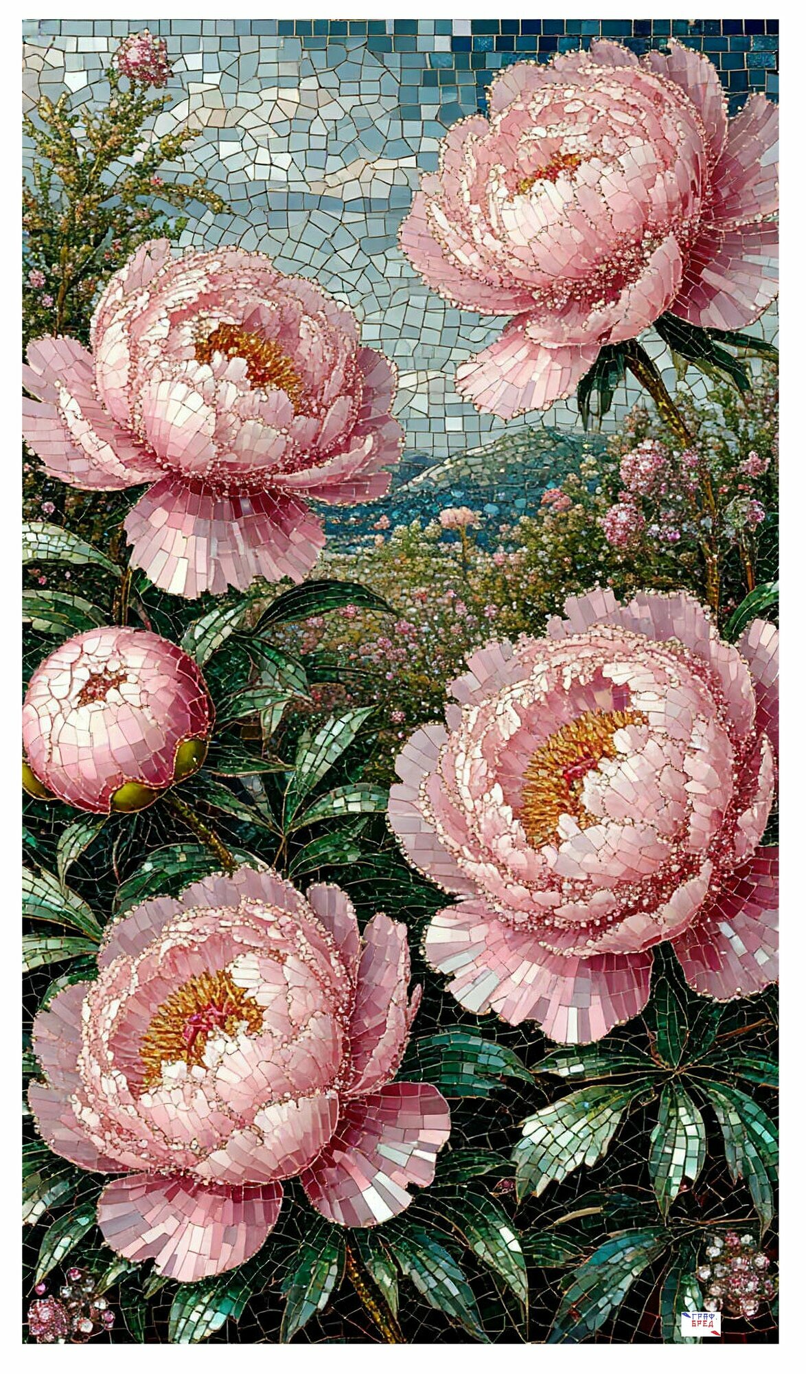 Постер Музей графического бреда "Пионы-мозаика", экосольвентный, холст, 40x30 см