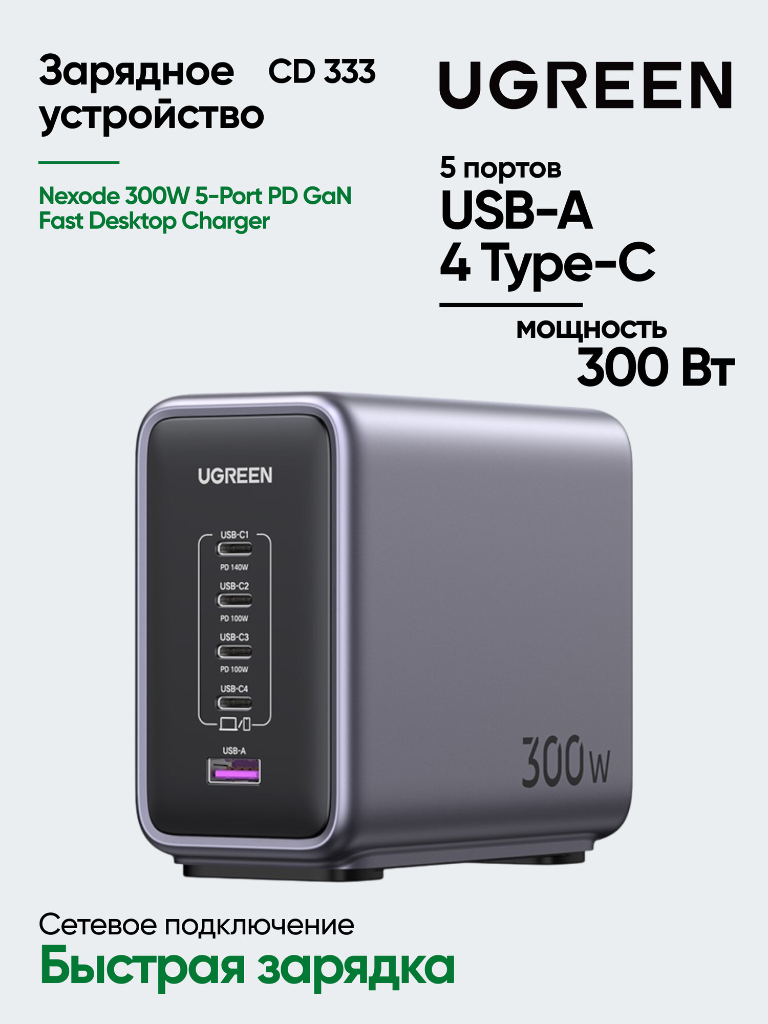 Зарядное устройство UGREEN CD333 (90903B) Nexode 300W 5-Port PD GaN Fast Charger EU. Цвет: серый