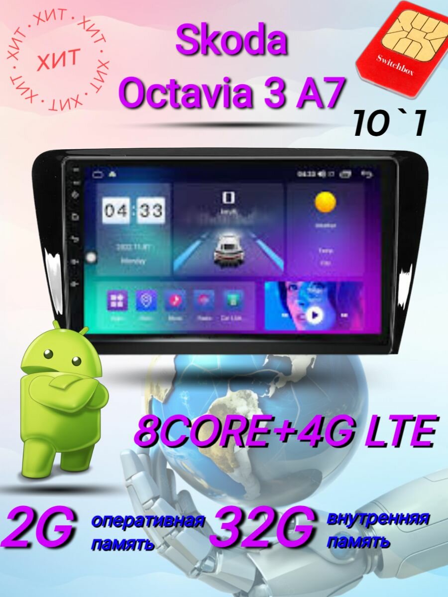 Магнитола на Skoda Octavia 3 A7 2g32g,4G LTE+ Wi-fi сим-карта