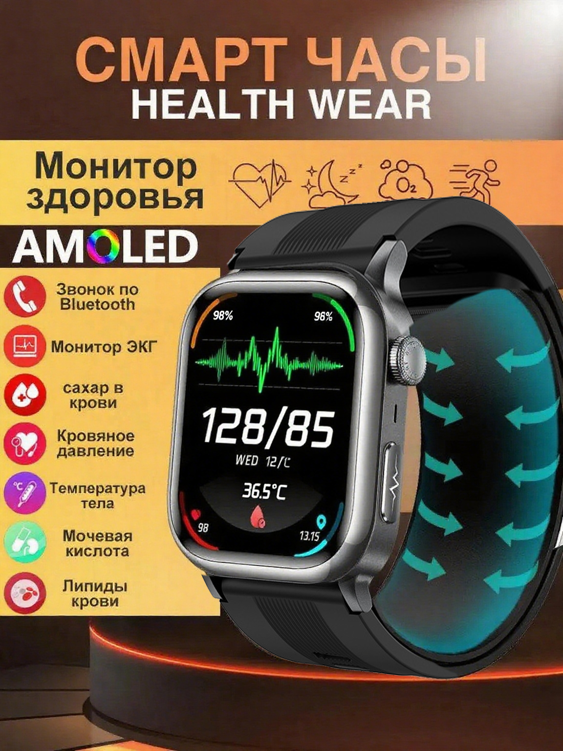 Артериальное давление и ЭКГ смарт-часы, SOS, NFC, унисекс, черный