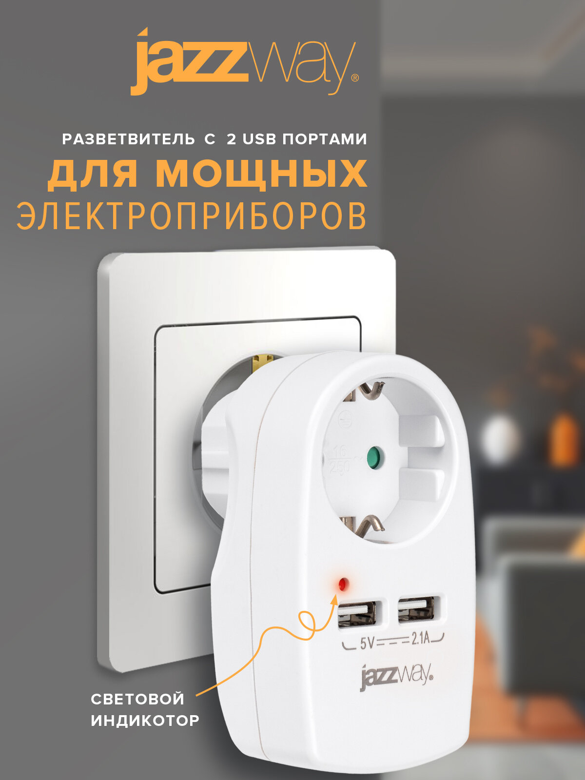Разветвитель сетевой электрический с USB портами JAZZway с двумя USB портами AD-1GU / адаптер питания