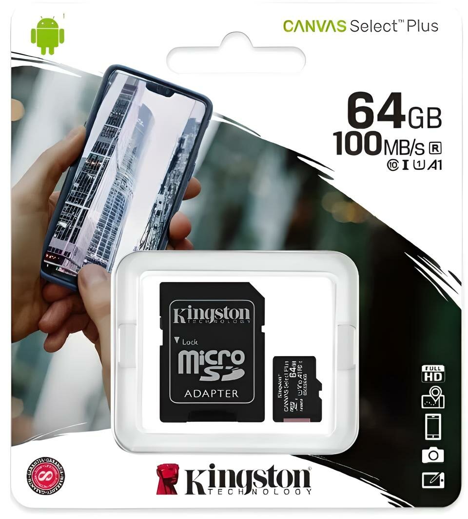 Карта памяти micro SDHC 64Gb Kingston 100mb/s class 10 + адаптер