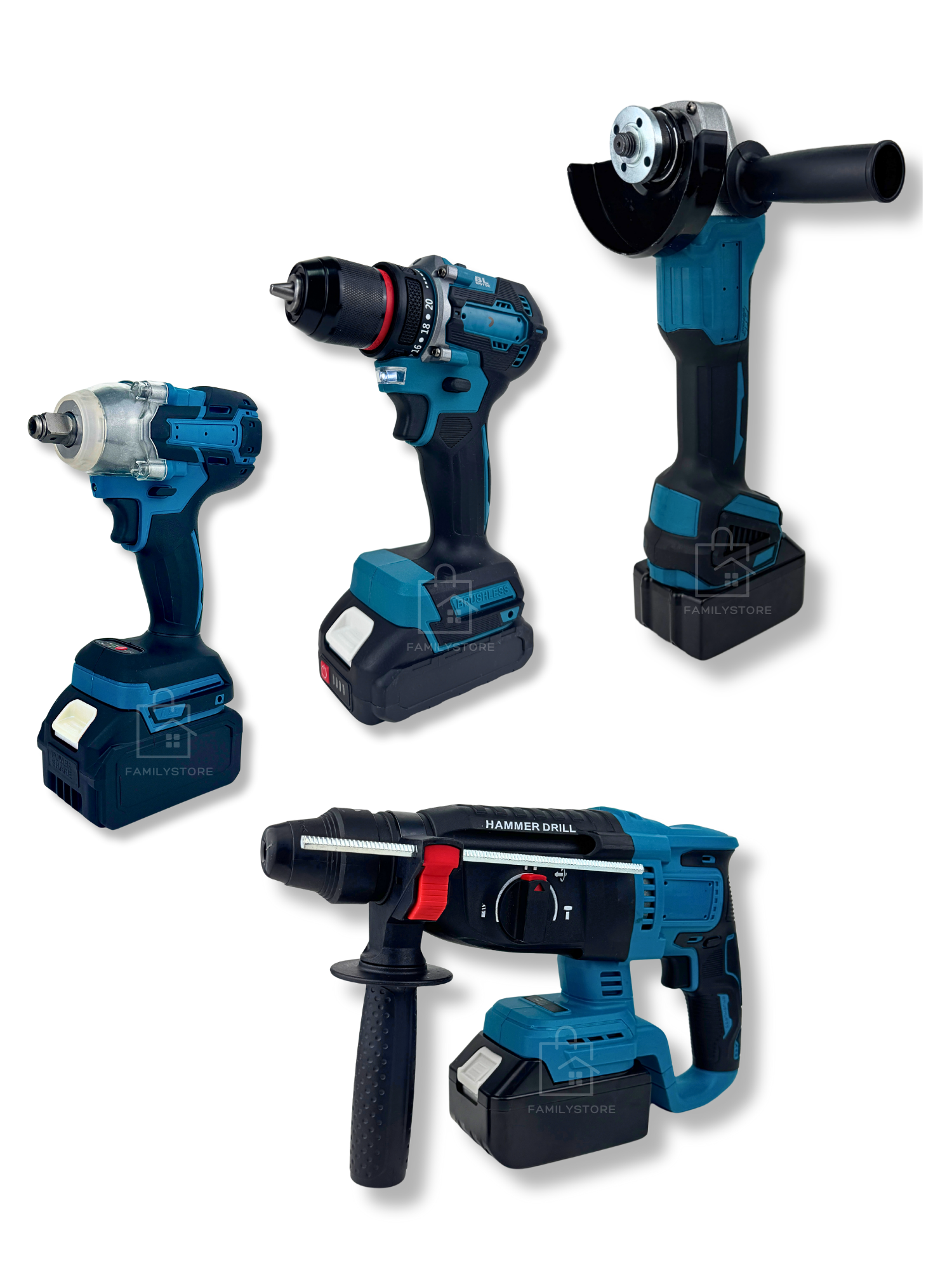 Набор аккумуляторного инструмента 4 в 1 / Шуруповерт, Болгарка, Перфоратор, Гайковерт / 18V 5.0 Ah