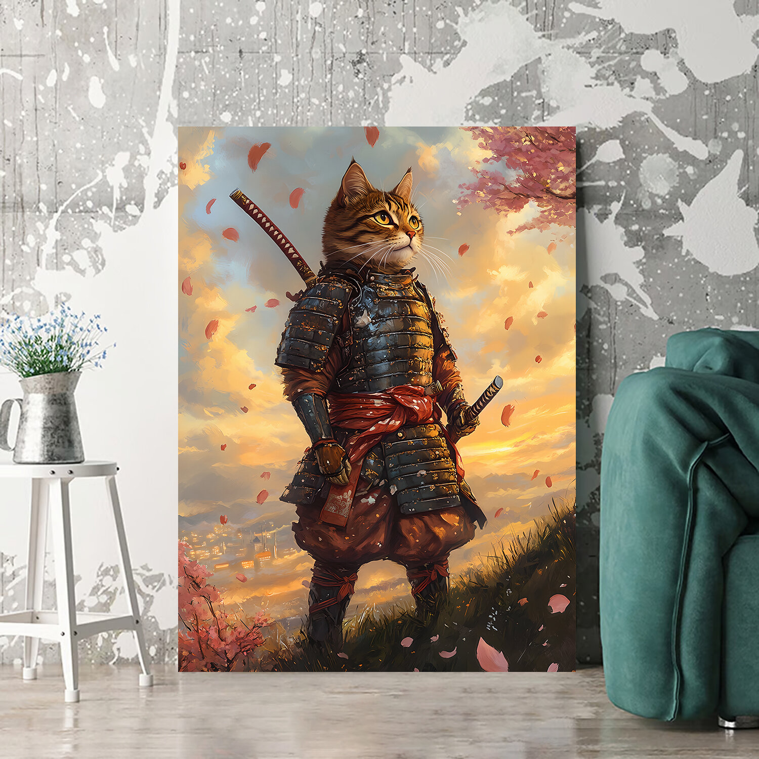 Картина на стену для интерьера - "Кот самурай, японский стиль", 30х40 см.