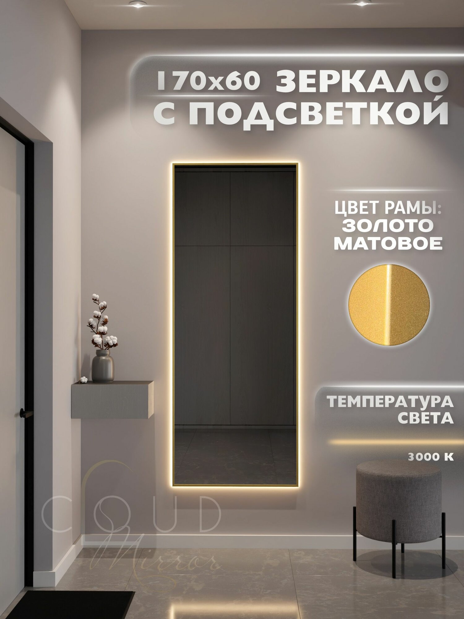 Зеркало 170х60 см. CLOUD MIRROR с подсветкой в алюминиевой раме настенное. Свет: Теплый белый 3000К, Золото