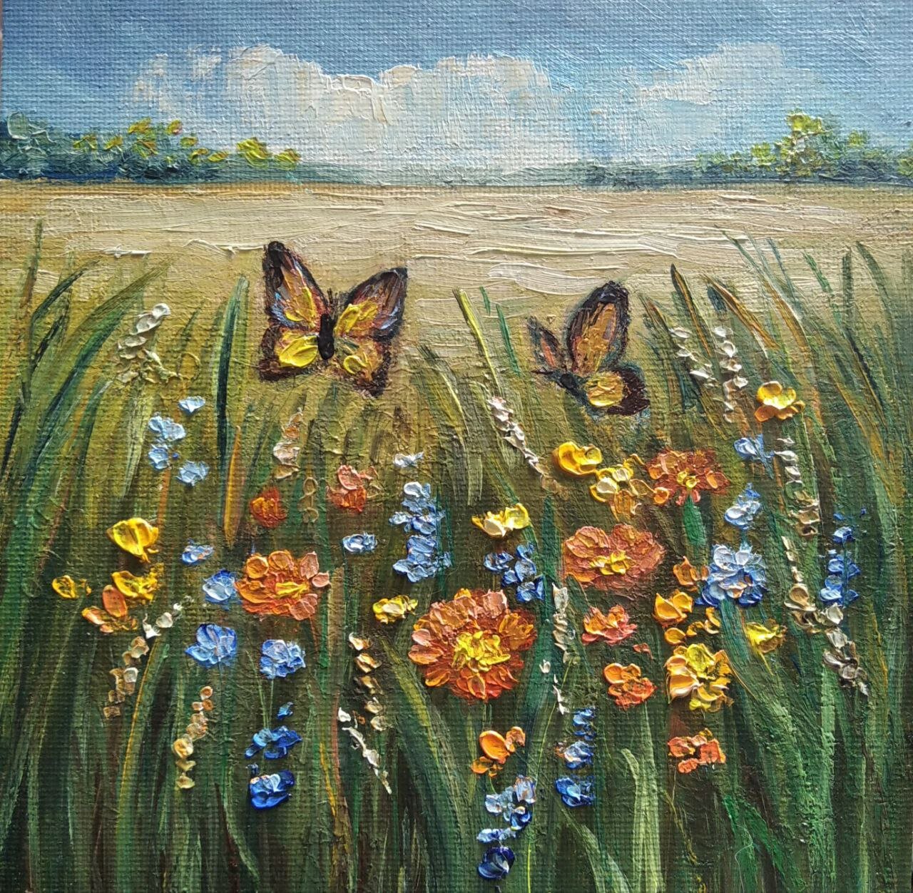 Картина Маслом Холст на Картоне Размеры 15x15 см Луговой Пейзаж Бабочки Цветы
