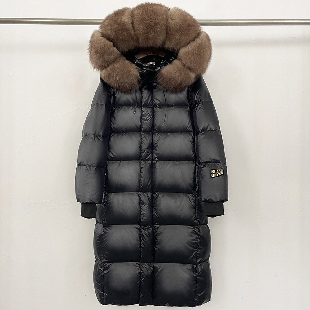 Новая женская куртка-пуховик с большим меховым воротником из лисьего меха, длинная, модная, черная с золотым замком, теплая, с капюшоном.