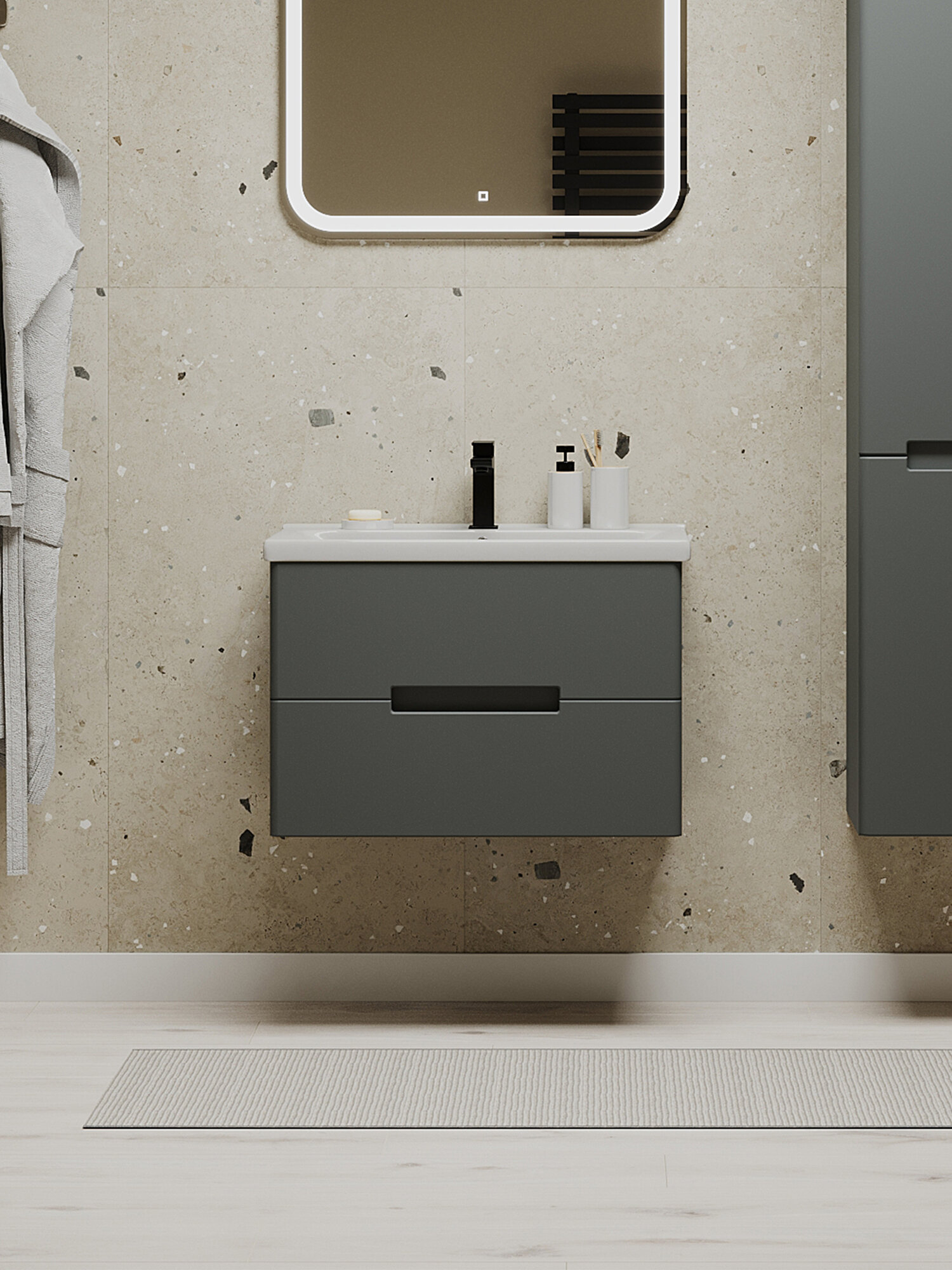 Тумба подвесная Vannika Fetto 80 с раковиной Миранда 80 для ванной комнаты, графит софт