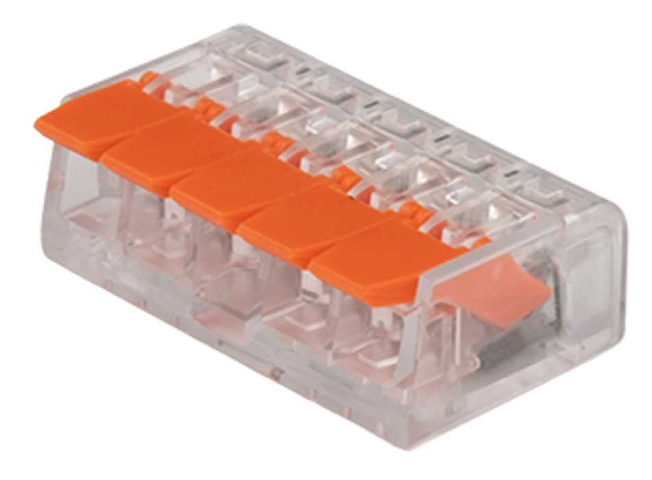 Клемма для проводов Jazzway / Джазвэй PTC-5P 221-415, монтажная с рычагом пятипроводная, 32А, 450В, корпус пластик, прозрачный, 1шт. / зажим