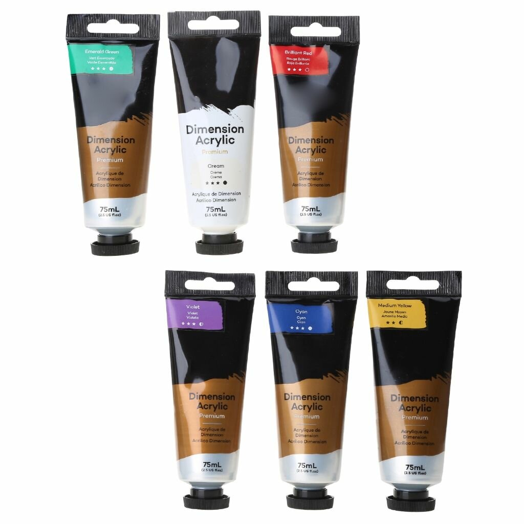 1 набор из 6 флаконов акриловой краски с высокой пластичностью по 75 мл -кремовый, средне-желтый, ярко-красный, фиолетовый, кэрнлендский, розово-зеленый