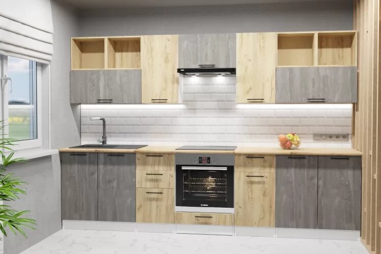 Кухонный гарнитур Герда Виола 3000 мм, каркас ЛДСП, фасад ЛДСП, Белый/Бетон темный