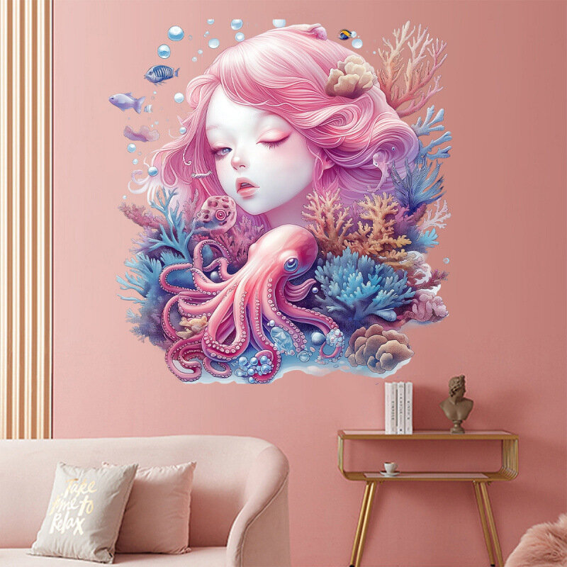 Наклейки на стену с изображением морской феи, подводной девушки-русалки, настенные художественные наклейки с изображением осьминога и коралловых рыб, съемные самоклеящиеся наклейки из ПВХ для спальни, гостиной, детской, игровой комнаты, для девочек-п