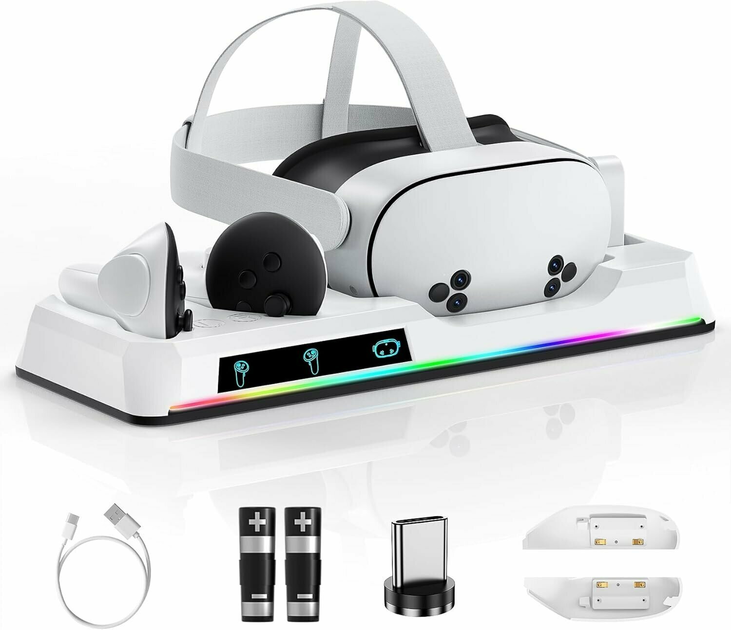 Зарядная станция для Oculus Quest 3/3S: Магнитная VR-зарядка с 2 аккумуляторными батареями, поддержка VR-шлема и контроллеров с LED-индикатором