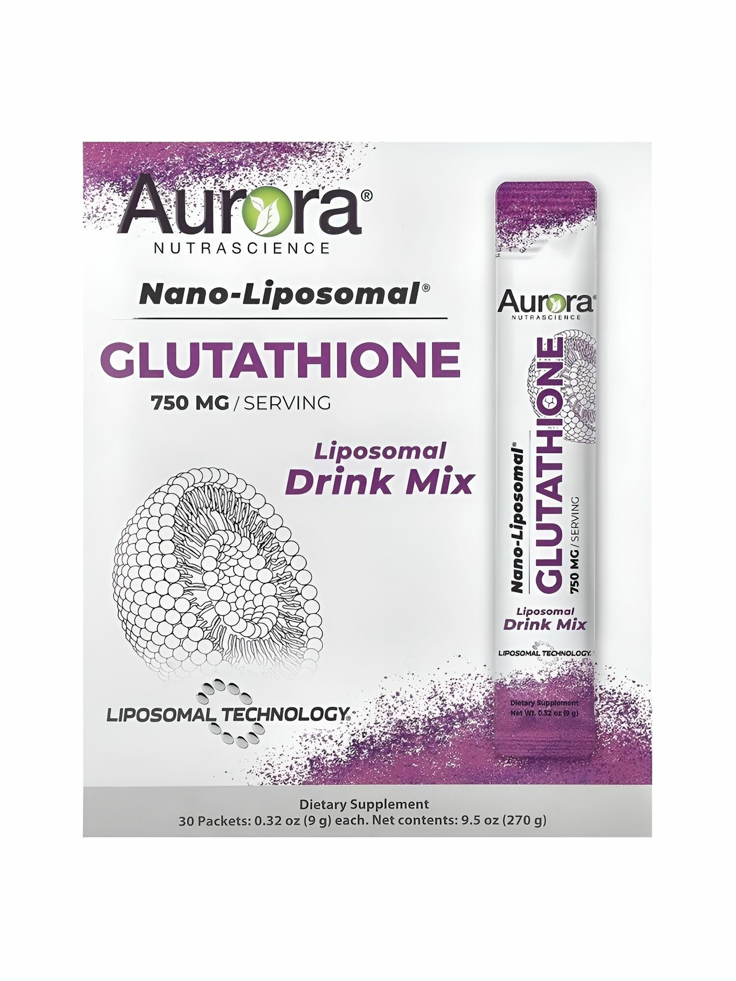 Aurora Nutrascience, Nano-Liposomal Glutathione, глутатион, липосомальная смесь для приготовления напитка, 30 пакетиков по 9 г.