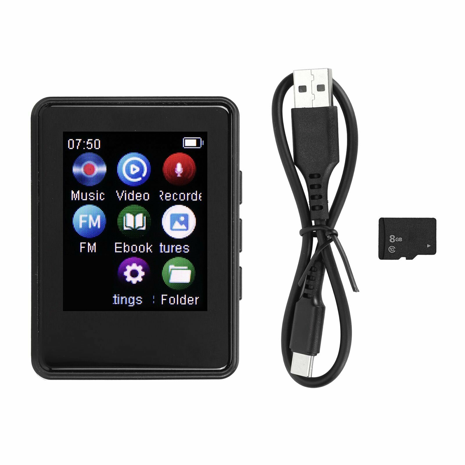 MP3-плеер 1.77" сенсорный, Bluetooth 5.0, Hi-Fi, FM-радио, запись, 8 ГБ + карта