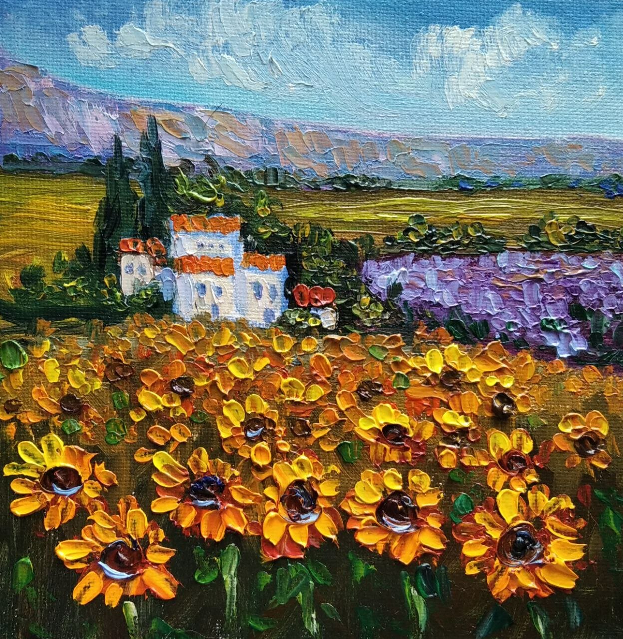 Картина Маслом Холст на Картоне Размеры 15x15 см Пейзаж Прованс Домики Подсолнухи Лаванда