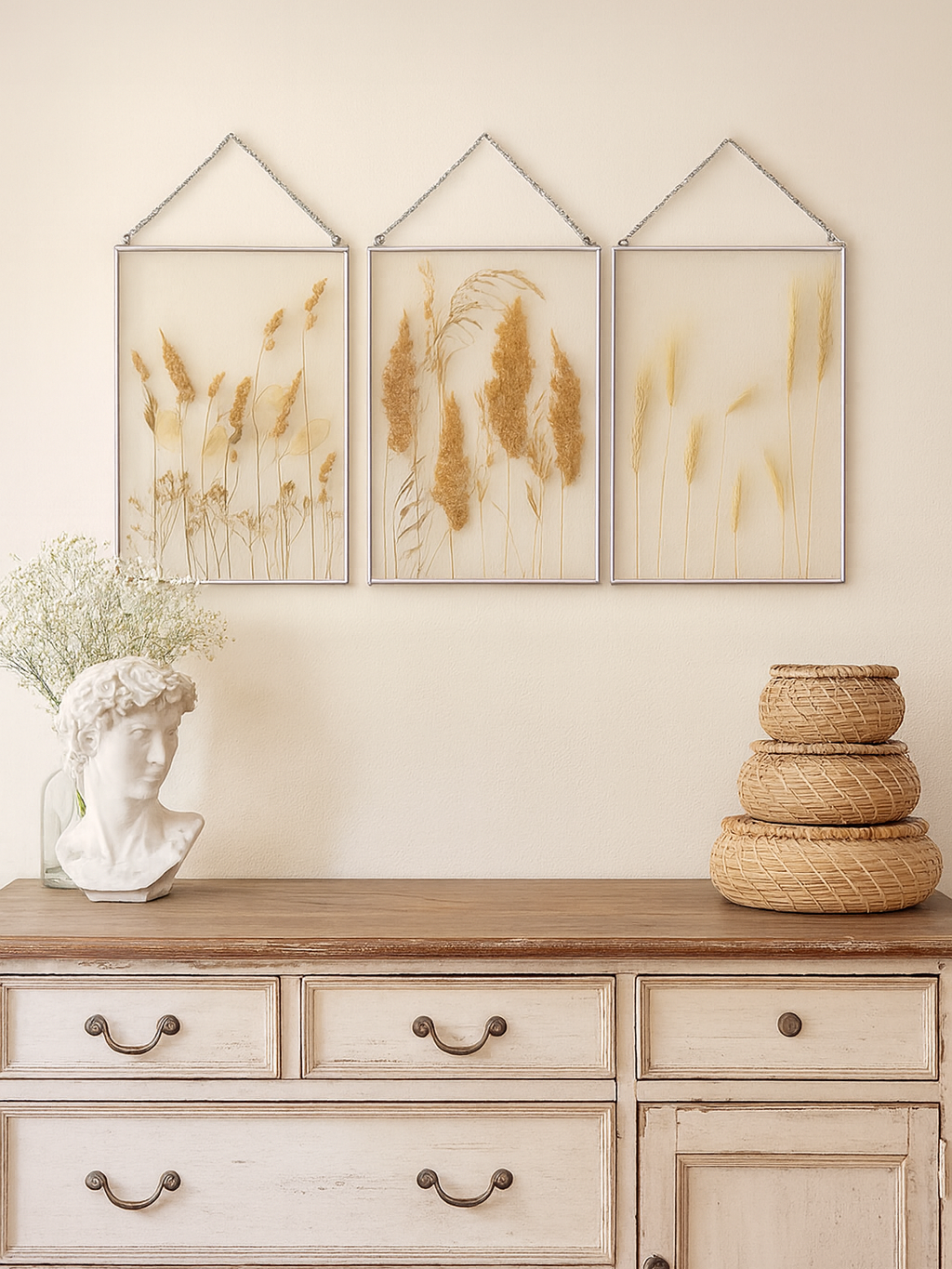 Набор панно с сухоцветами в стекле — 3 шт, декор для минималистичного интерьера, ручная работа, гербарий Forget-me-not