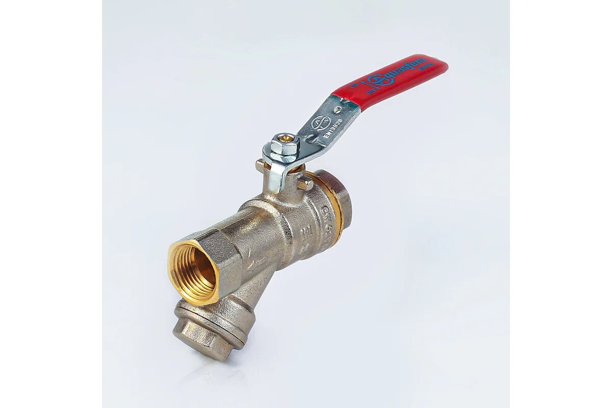 Кран-фильтр шаровой латунный Aquasfera 1014 Euro Ду25 Ру25 с полнопроходным рычагом, материал горячепрессованная латунь CW617N, давление до 25 бар, температура до 150 °C