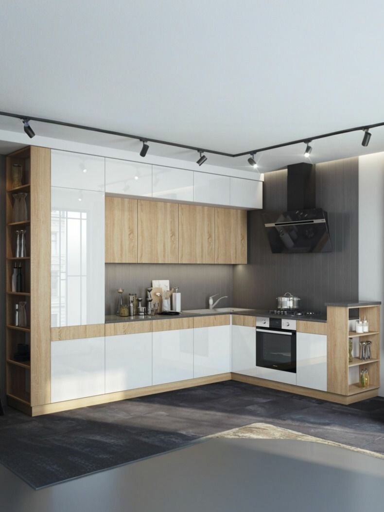 Кухонный гарнитур угловой Техно-5 3,2х2,4м белый глянец/дуб сонома со столешницей миф