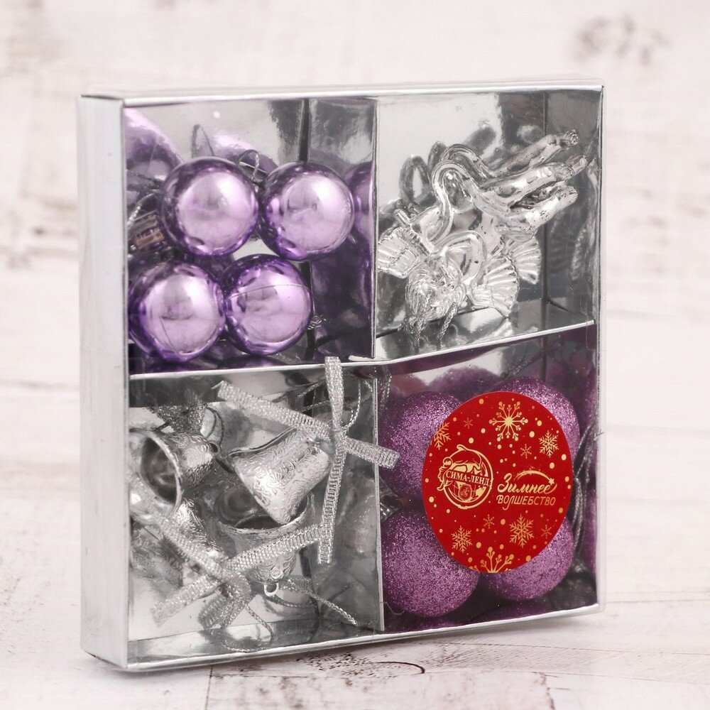 Ёлочные игрушки «Сюрприз», шары новогодние, набор 14 шт. (4 колокольчика, 8 шаров, 2 ангела), фиолетовый