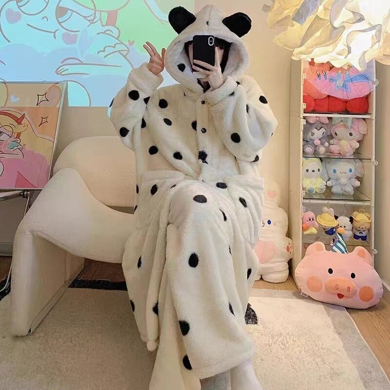 Новая осенне-зимняя пижама для девочек из кораллового флиса, теплая, с милым мультяшным медведем, на флисовой подкладке, утолщенная, халат с капюшоном, размер：M