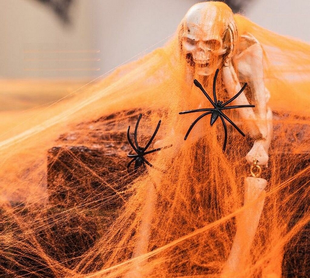 Паутина оранжевая с 2 пауками 1х1м, Хэллоуин вечеринка