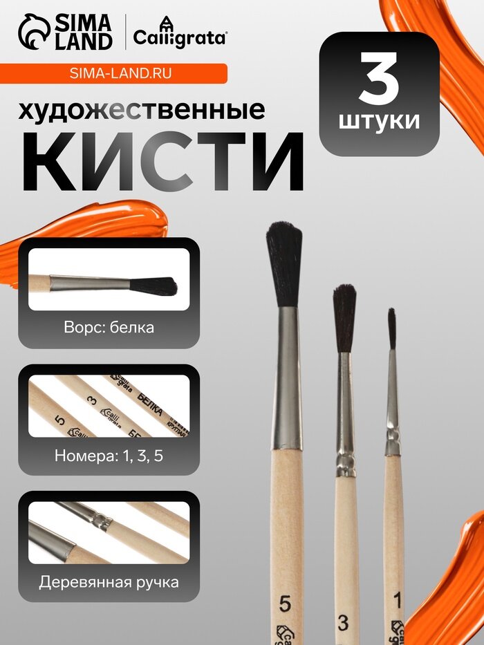 Набор кистей для рисования, белка, 3 штуки: №: 1, 3, 5, Calligrata, круглые, деревянная ручка, в пакете, 2 шт.