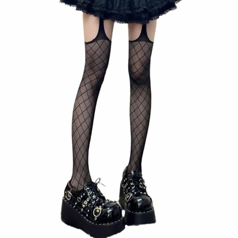 Чулки в Ромбовидную Клетку-Черная ромбовидная Сетка