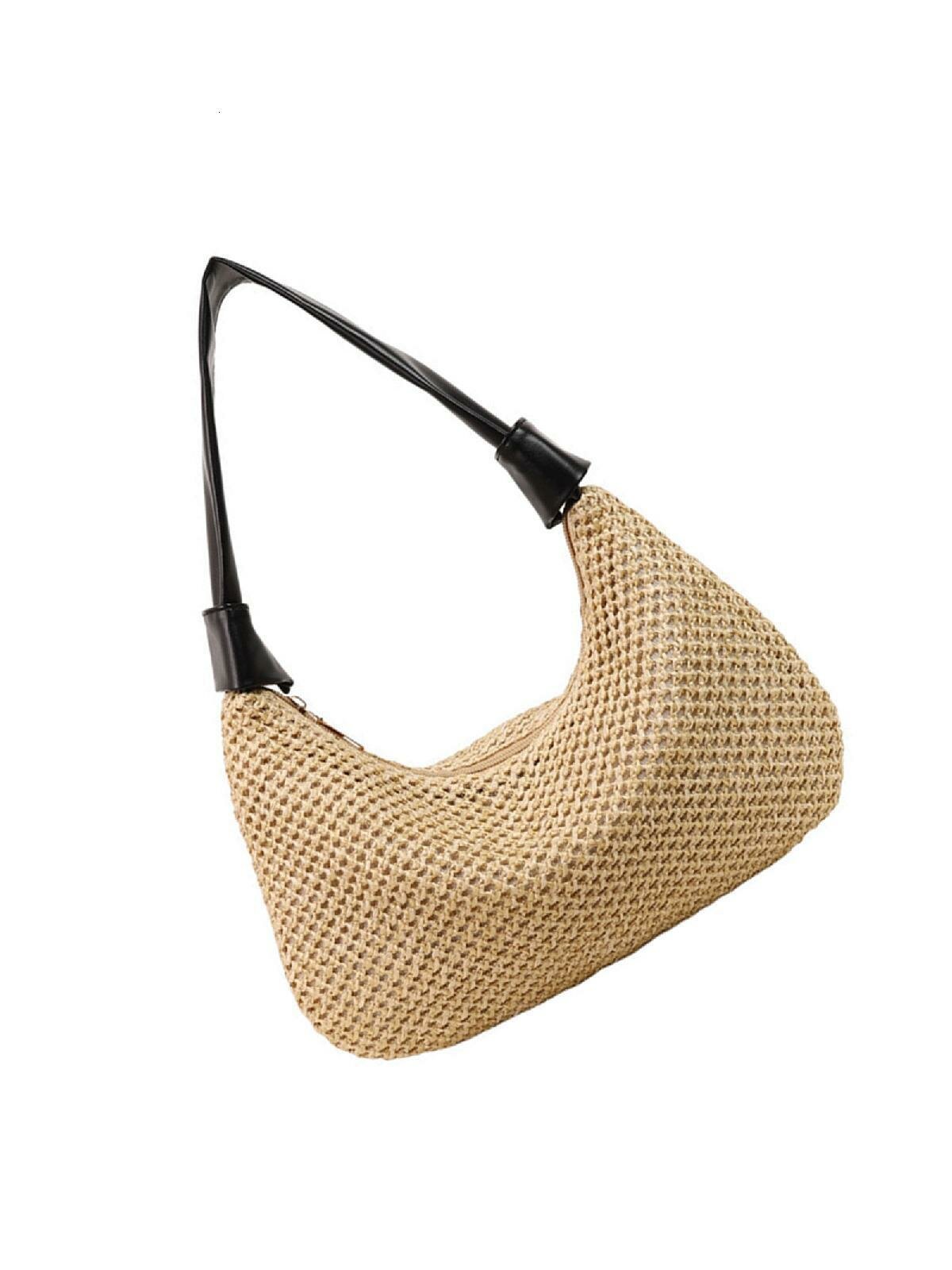 Стильная плетеная соломенная сумка для пляжных путешествий, легкая сумочка с верхней ручкой, дышащая сумочка с дизайном в виде цветного блока