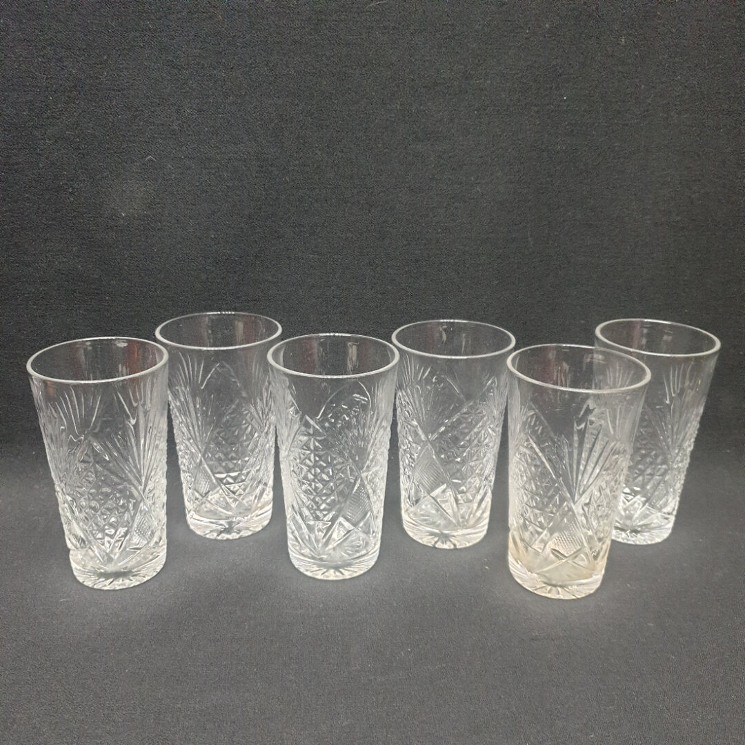 Набор из 6 стаканов Ананас Дятьковский завод, хрусталь 200 мл, высота 11.5 см, винтаж, СССР