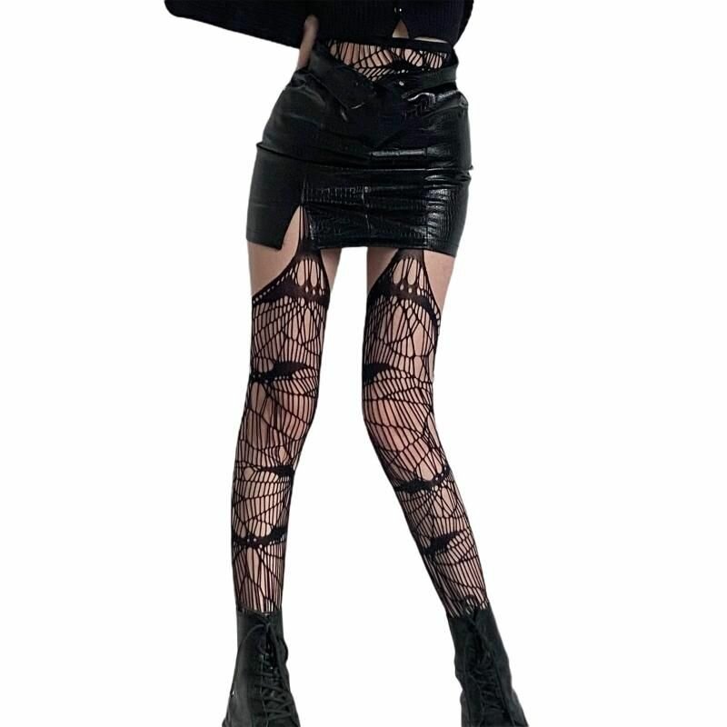 Полосатые сексуальные чулки с паутиной, черные полые подтяжки для комбинезона в сеточку-черный