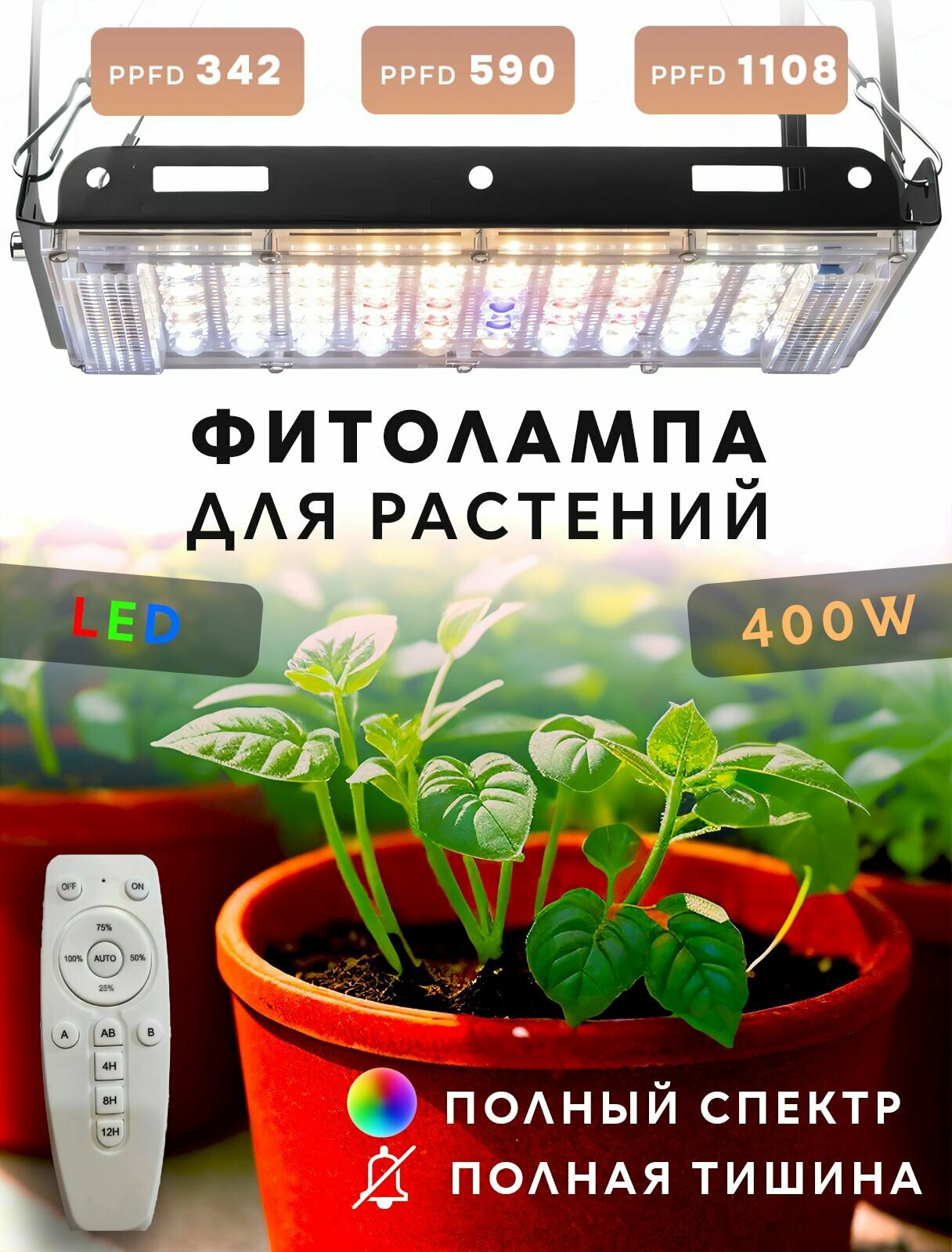 Фитолампа для растений 400W с пультом и таймером подвесная