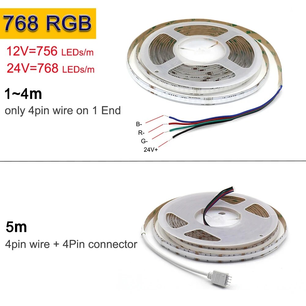 COOLAMPS Светодиодная лента RGB COB 12В 24В 4Pin RGB 768leds, 24V, 2 м
