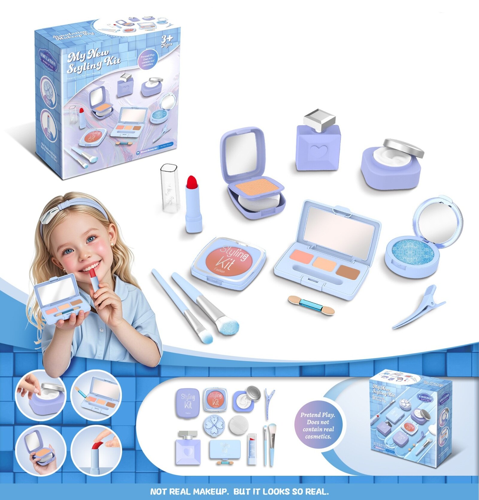 Набор для детей makeup kit для девочек с зеркалом, дизайном ноутбука, набор для детей Toddler/Kids Makeup Set, нетоксичные подарки на день рождения для девочек 3 4 5 6 7 8 9 10 лет, 11 шт, розовый (не настоящий макияж)