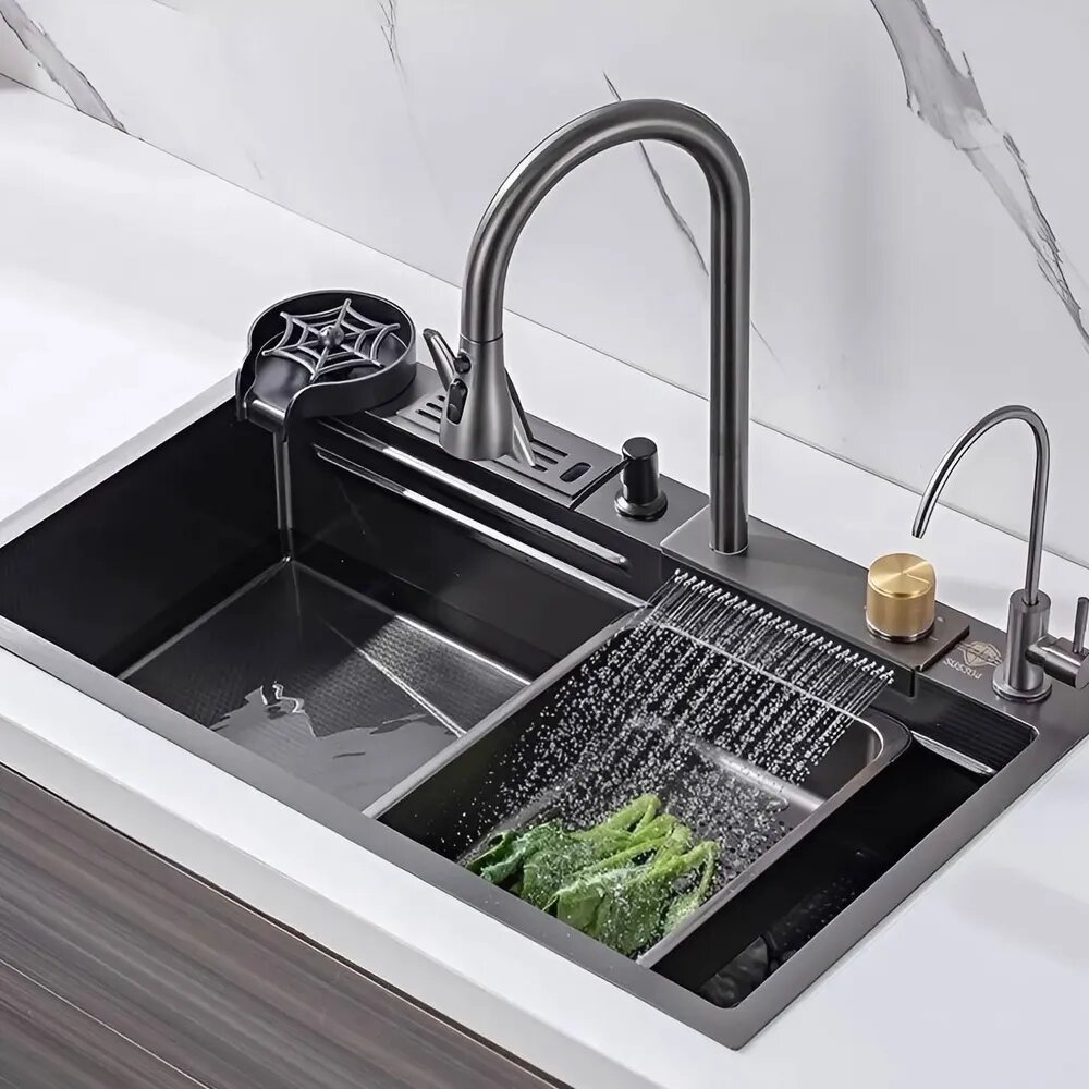 Многофункциональная раковина наномойка с дозатором мыла60*45 см/ Выдвижной кран с водопадом "Летящий дождь/ Краны для чистой воды / Чашечная шайба/