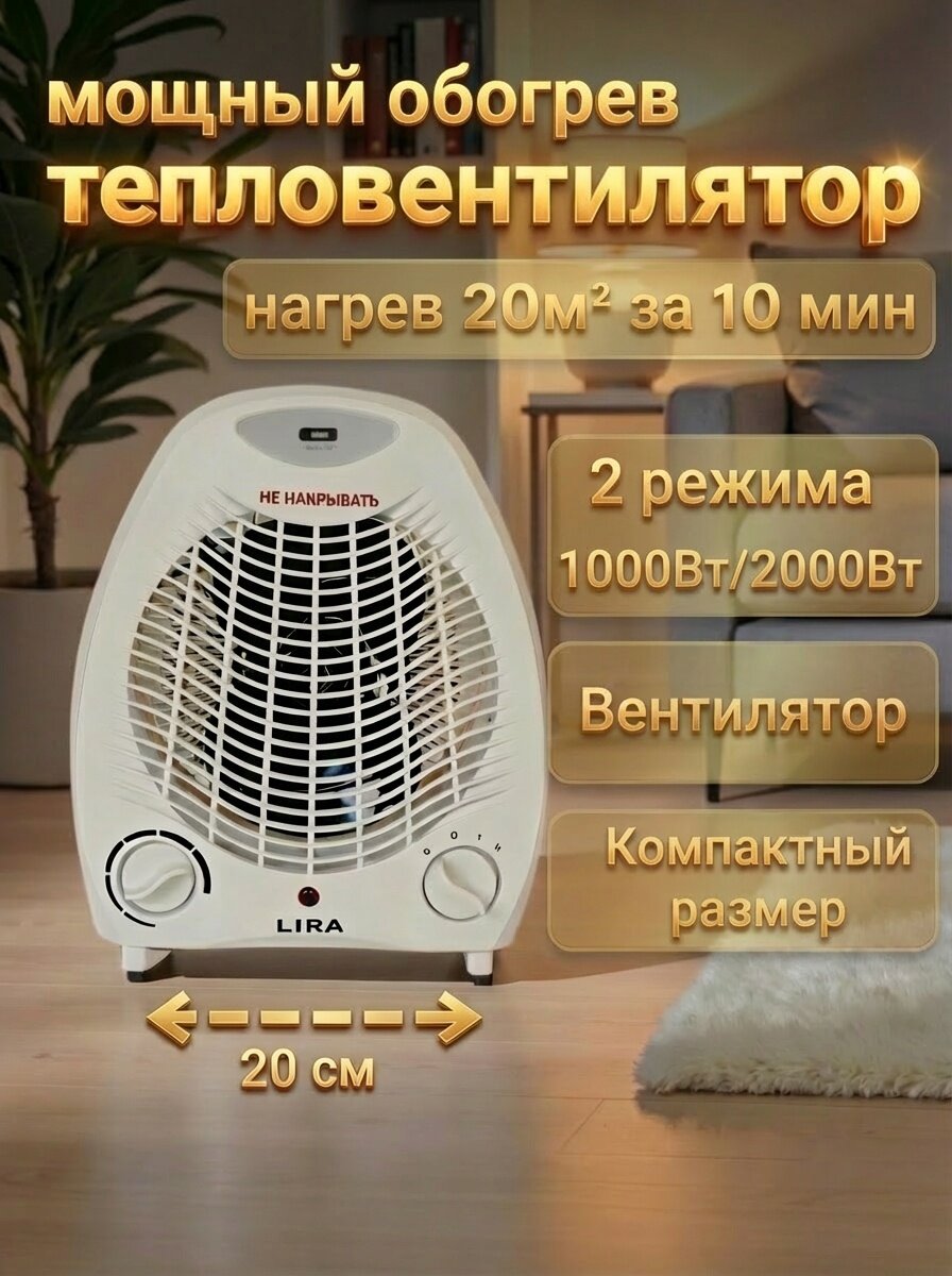 Тепловентилятор 3 режима работы, защита от перегрева, режим без нагрева