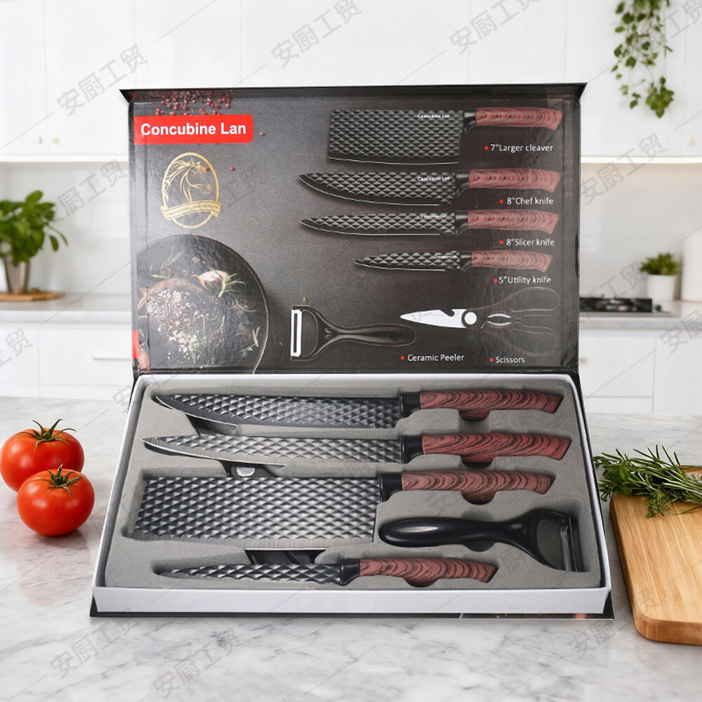 Кухонный набор ножей из нержавеющей стали с алмазным узором, покрытый древесным рисунком, шестикомпонентный набор ножей для помидоров и фруктов в подарочной коробке