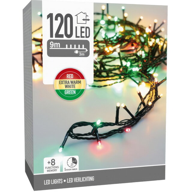 Светодиодная гирлянда Koopman Comfort Italian 9 м, 120 разноцветных LED ламп, зеленый ПВХ, контроллер, таймер, IP44, Koopman (Купман), AX8454520