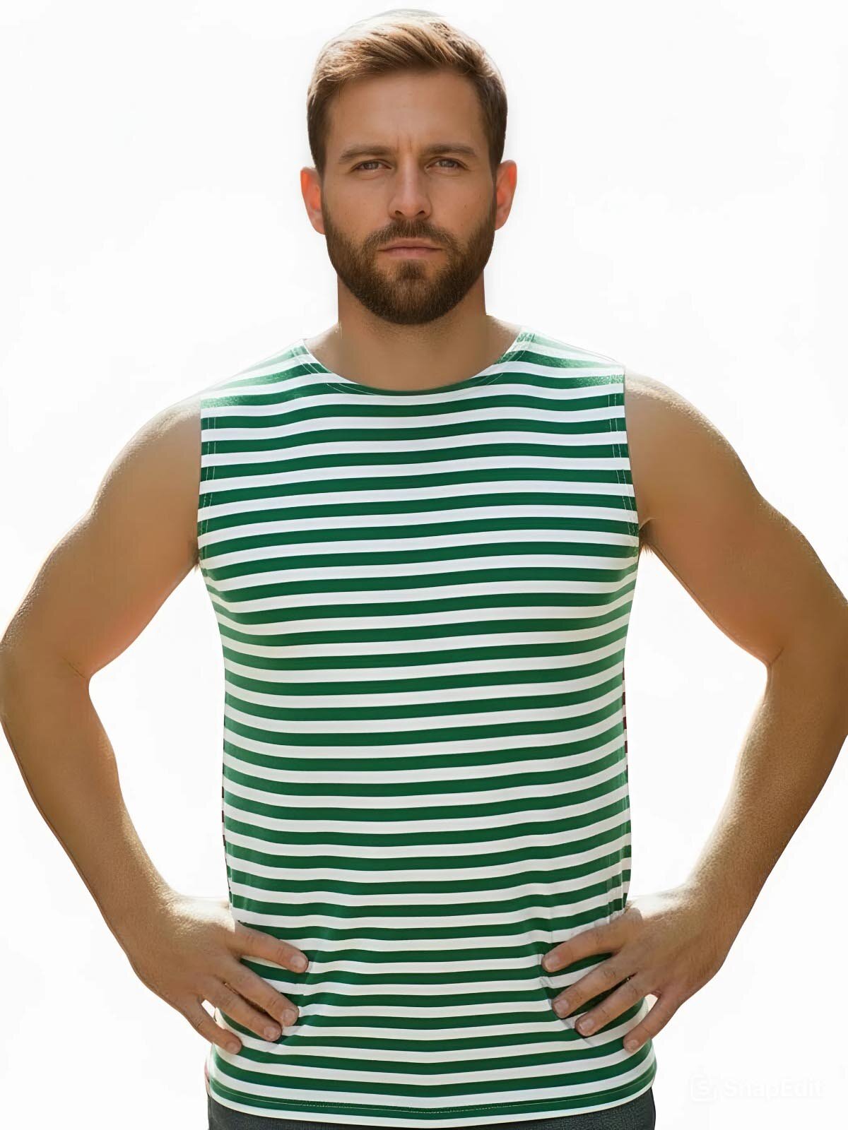 Тельняшка-майка пограничника, зеленая полоска, хлопок 100%, размер RUS 52-54