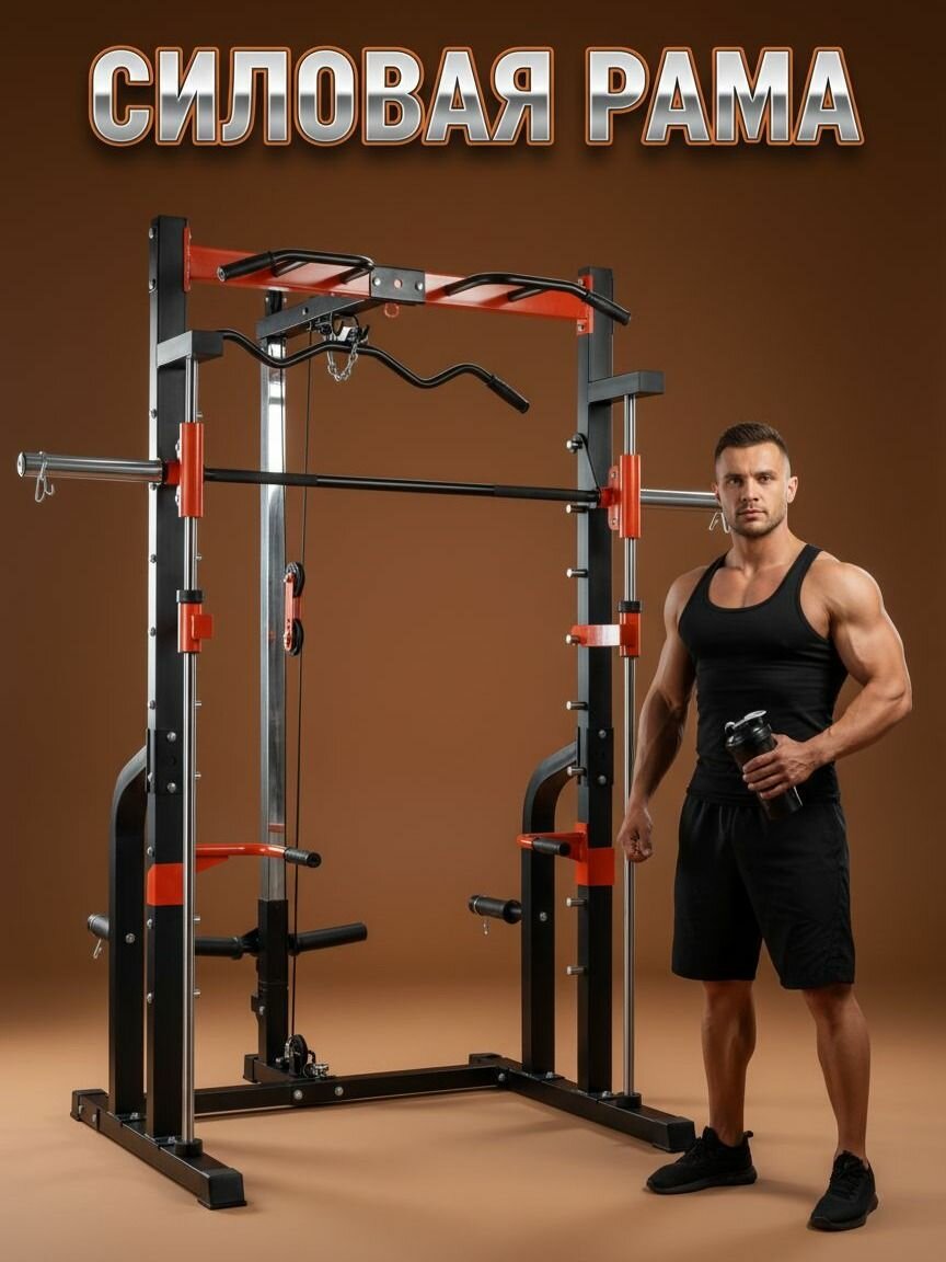 Машина смита для приседа, с турником, силовая рама напольная, тренажер кроссовер для тяги