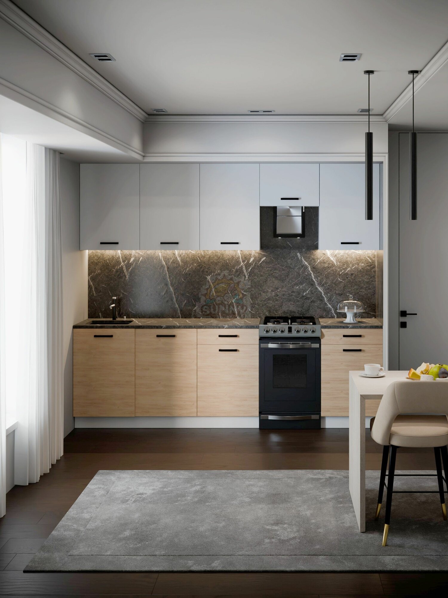 Кухня модульная прямая со столешницей Мария, 260 см, Белый гладкий/Дуб Вотан ЛДСП, 180 х 260 х 60 см, столешница 60 см.