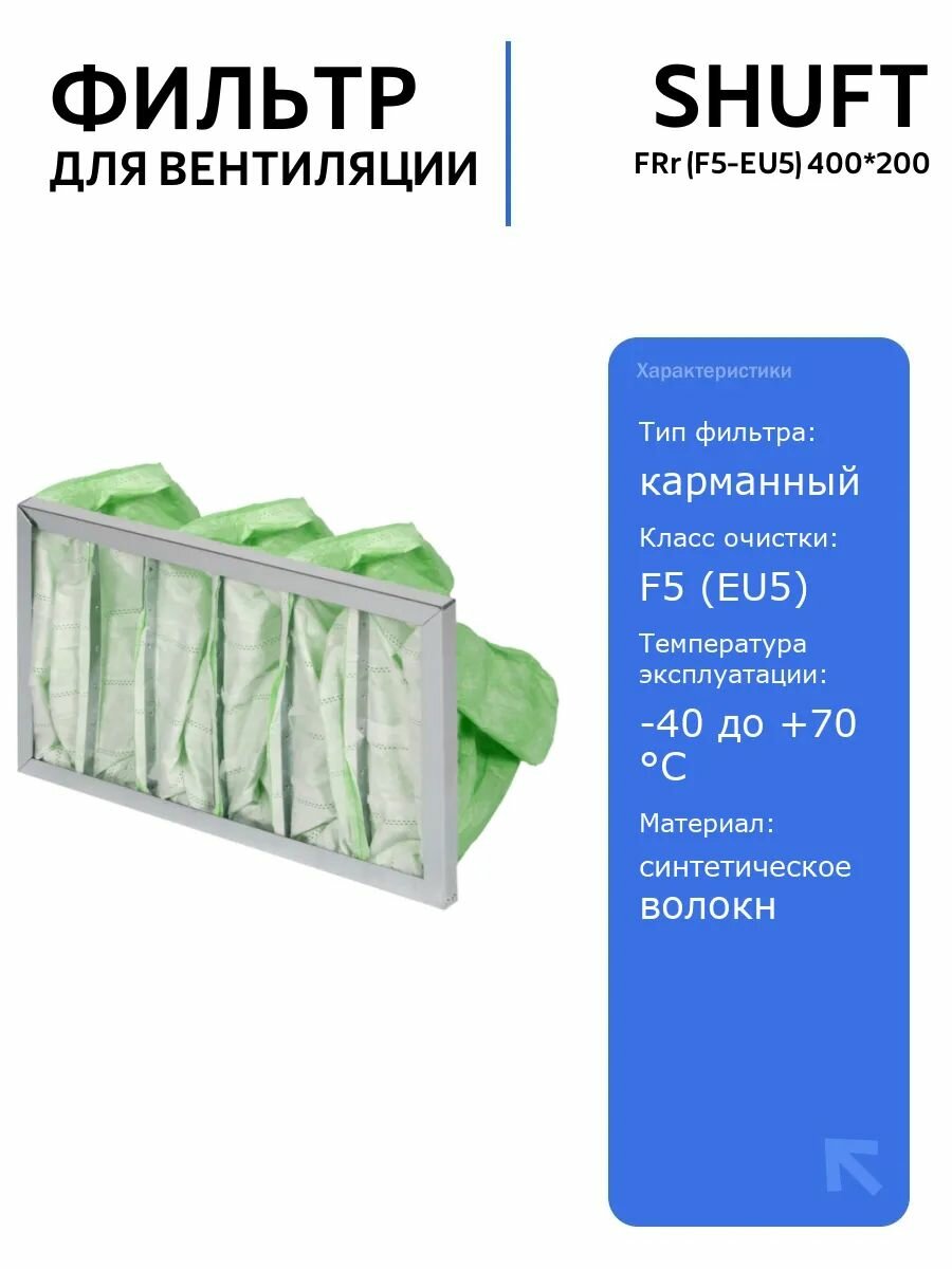 Фильтр карманный SHUFT FRr (F5-EU5) 400*200 для систем вентиляции, класс очистки F5, синтетическое волокно