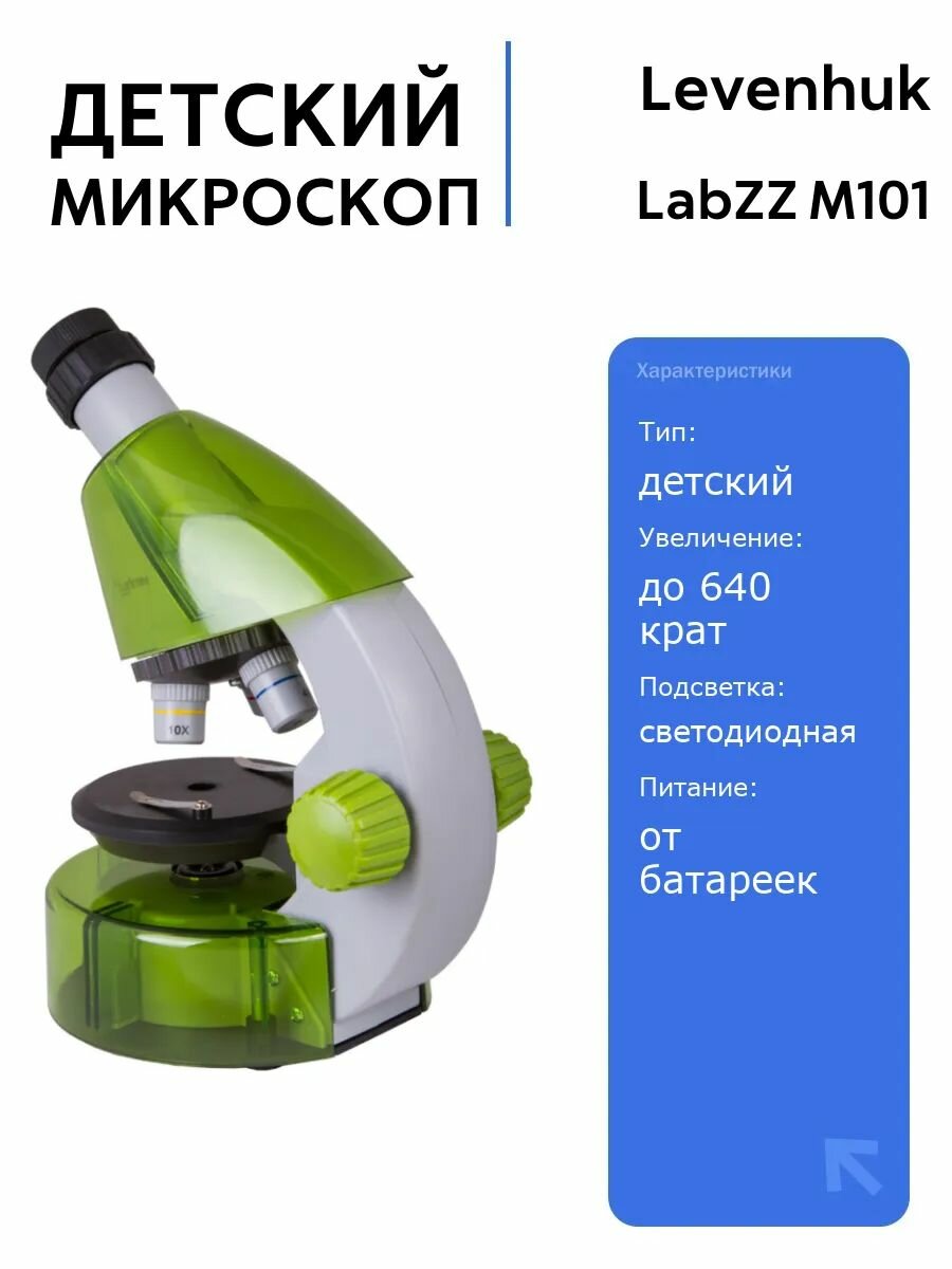 Микроскоп Levenhuk LabZZ M101 Lime, детский, с увеличением до 640 крат, для изучения насекомых и растений, яркий дизайн