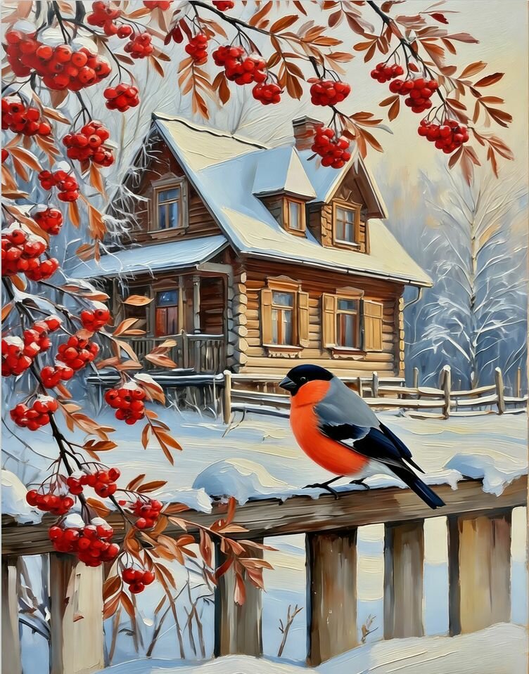 Алмазная мозаика Снегирь и рябина 40х50