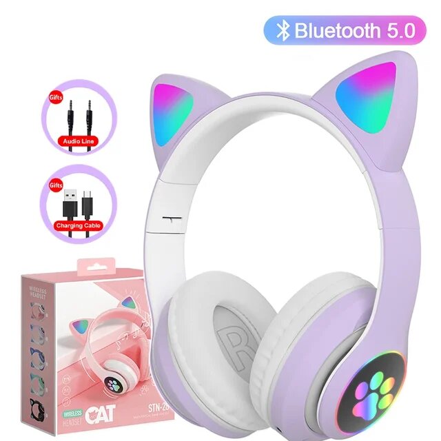 Милые наушники с кошачьими ушками, фонариком, стереозвуком Bluetooth 5.0, микрофоном, поддержкой TF-карт, беспроводные, для детей и девочек, отличный подарок на день рождения.