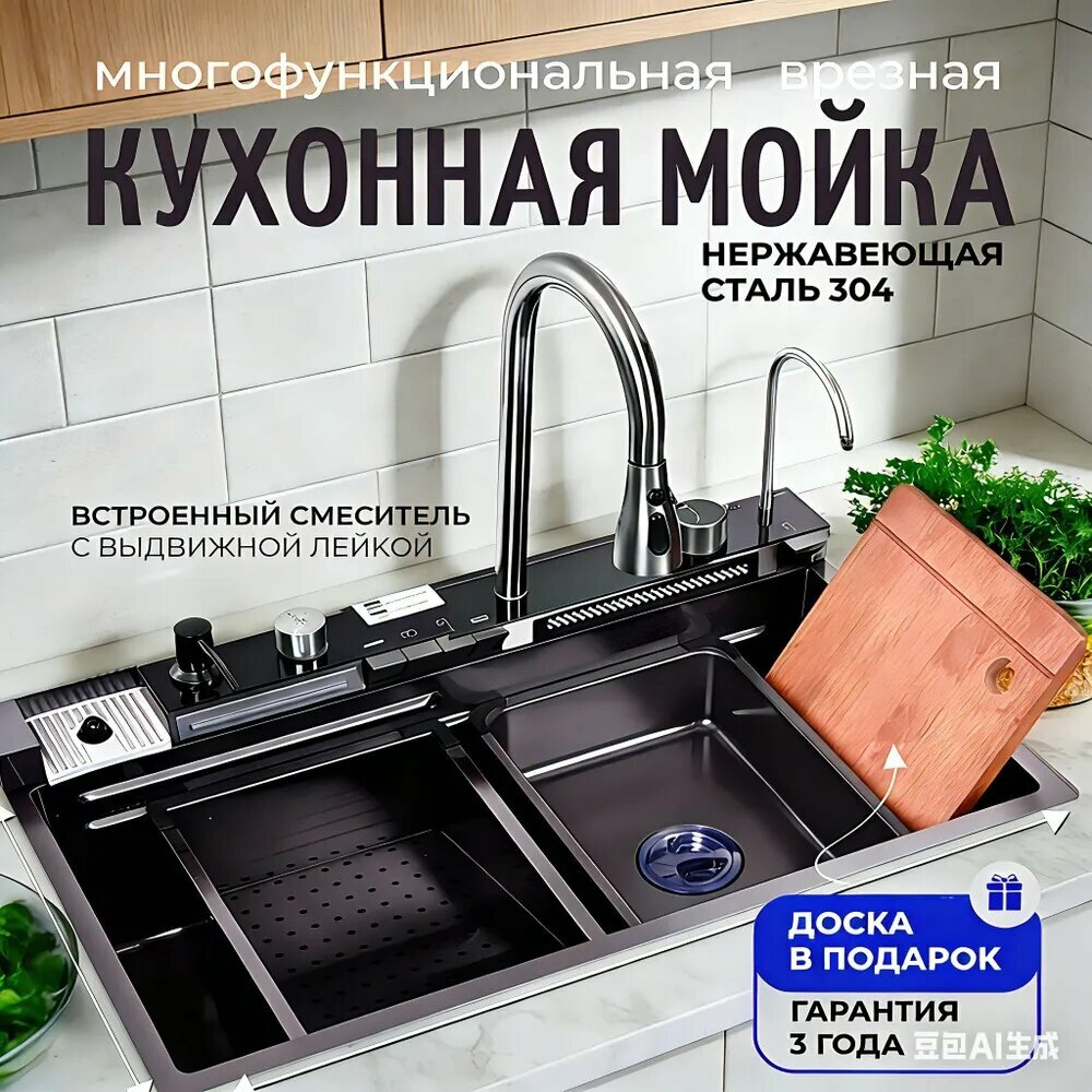 Мойка для кухни многофункциональная врезная из нержавеющей стали 80х46 см, раковина для кухни черная с подсветкой / смеситель, дозатор, водопад, ринзер для мытья стаканов в комплекте и т. д.