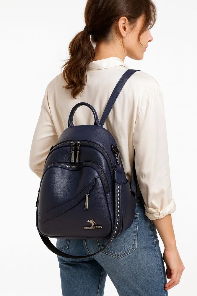 Рюкзак женский городской , кожаный , синий, сумка-рюкзак трансформер