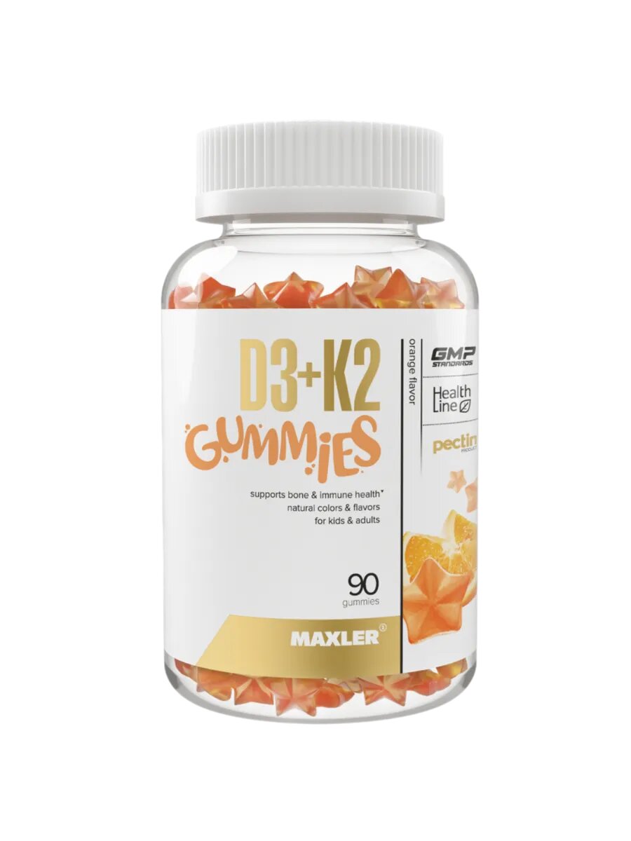 Макслер D3+К2 Гаммиз вкус апельсина / Maxler D3+K2 Gummies Orange flavor жевательная конфета по 2 г 90 шт